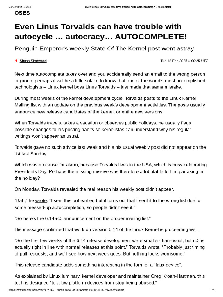 Even Linus Torvalds Can Have Trouble With Autocomplete - The Register | PDF | Linux | Computer ...