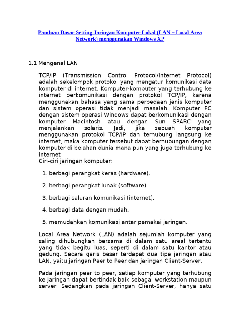 Panduan Setting Jaringan LAN Windows XP | PDF