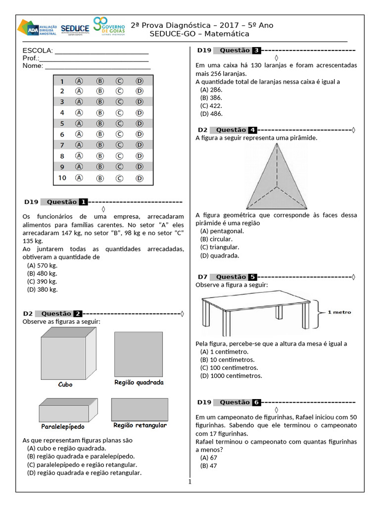 Simulado de Matemática 5 Ano Prova Brasil | PDF