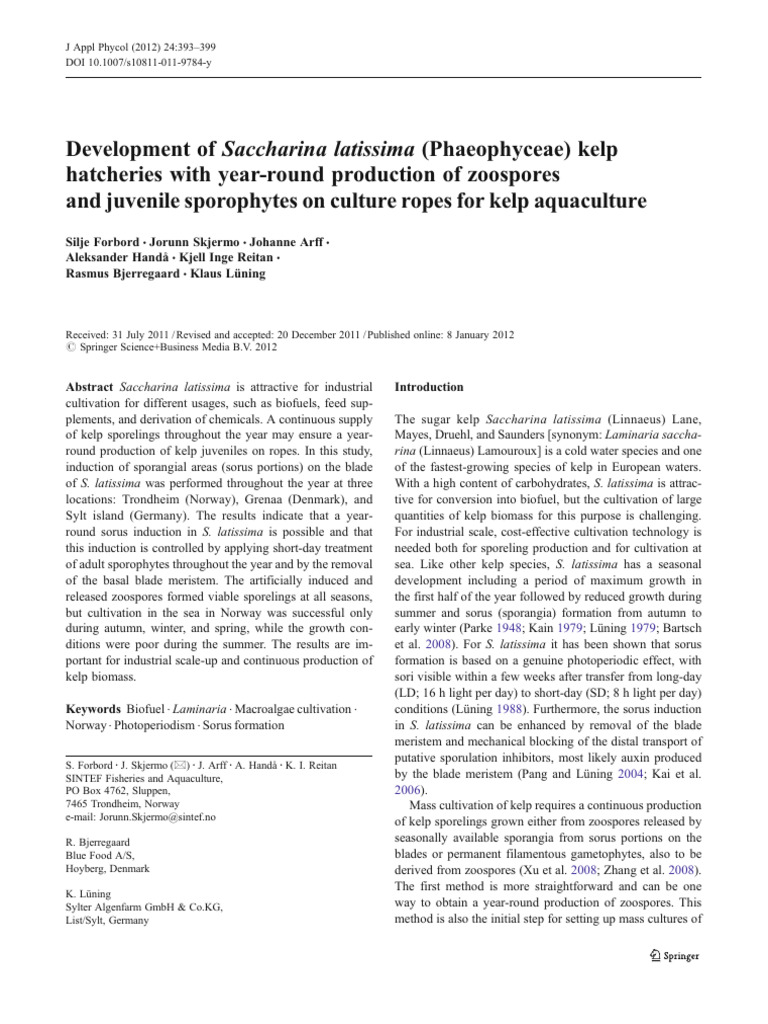 Development of Saccharina Latissima (Phaeophyceae) Kelp Hatcheries With ...