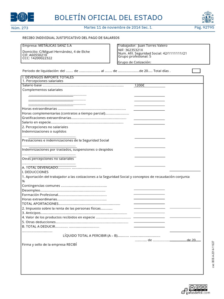 Plantilla Nómina Rellenable BOE | PDF | Salario | Business