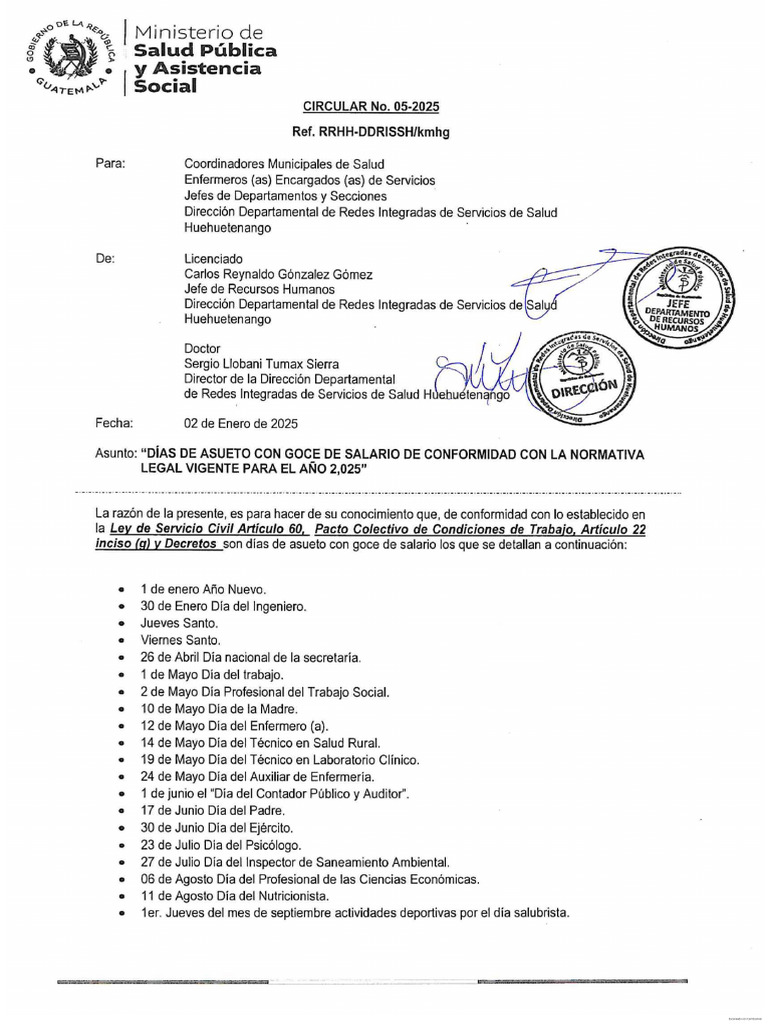 Circular No.05-2025, Días de Asueto Con Goce de Salario de Conformidad Con La Normativa Legal ...