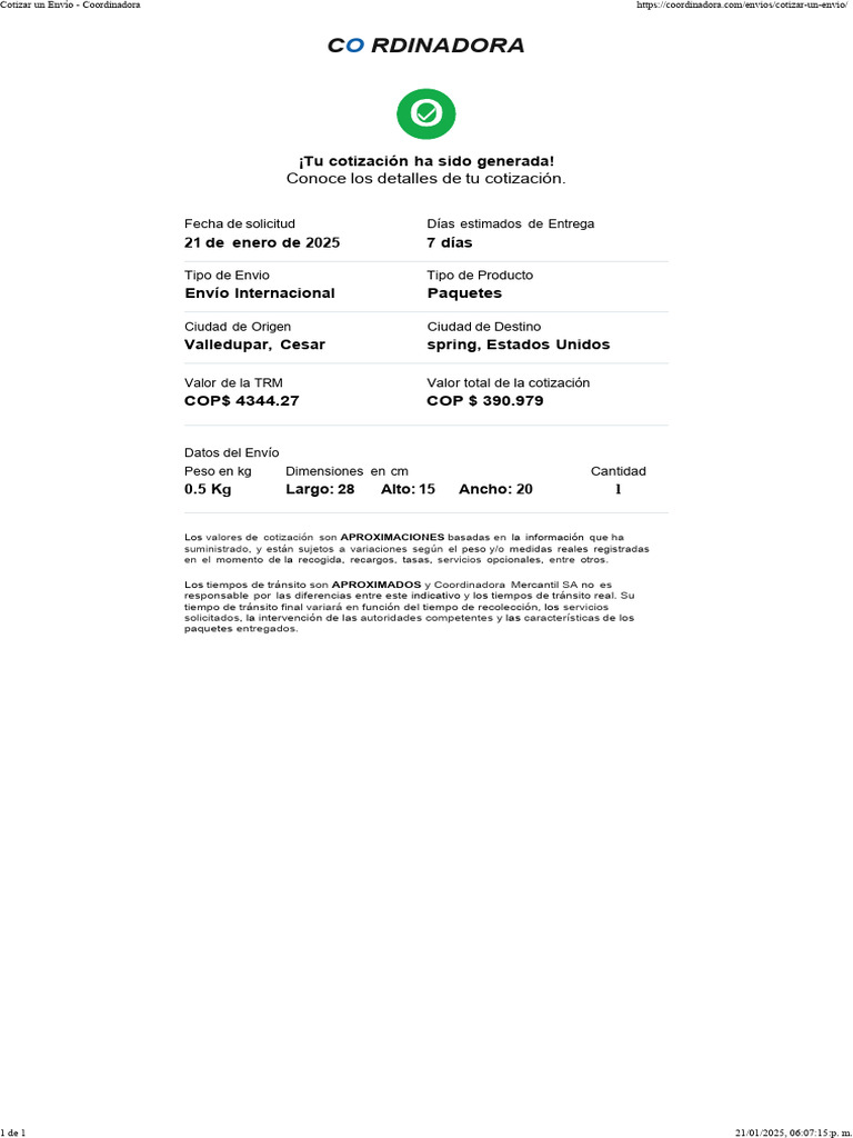 Cotizar Un Envío - Coordinadora | PDF