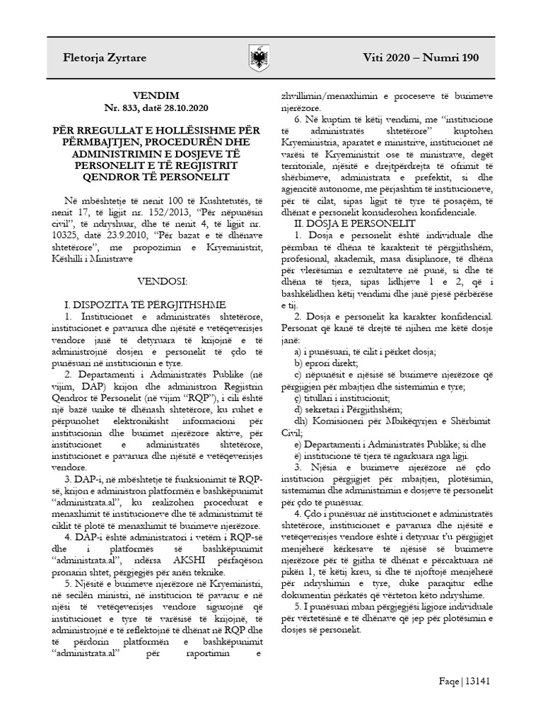 VKM 833 Date 28 Tetor 2020 REGJISTRI QENDROR I PERSONELIT | PDF