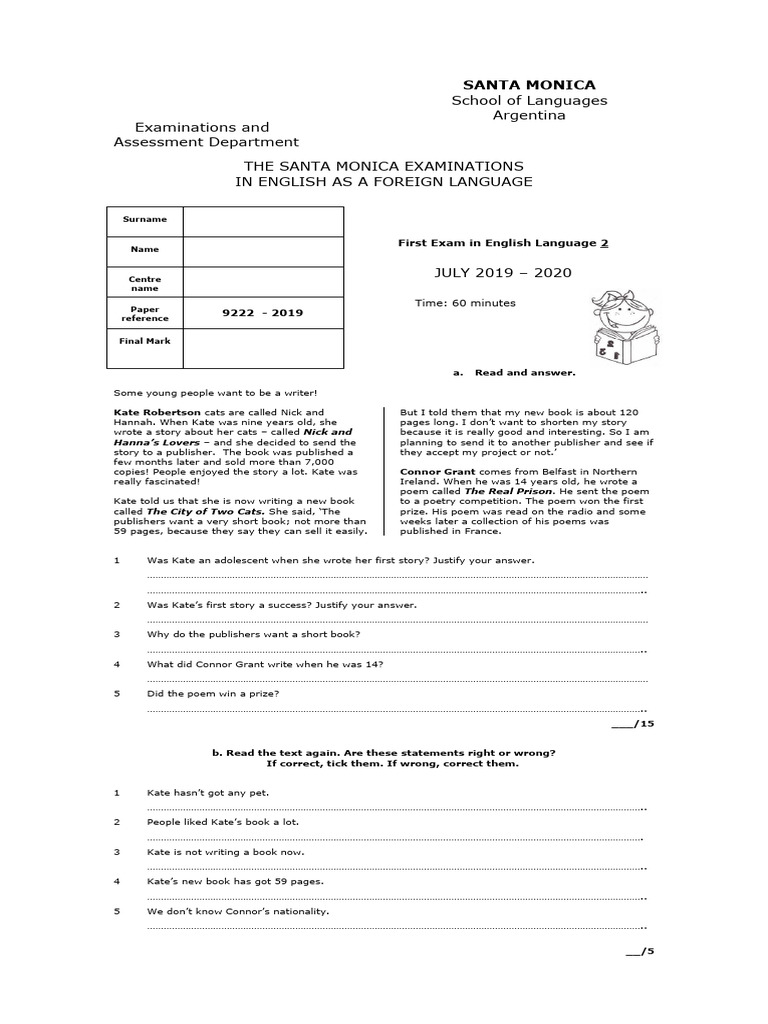 English Language Exam July 2019-2020 | PDF