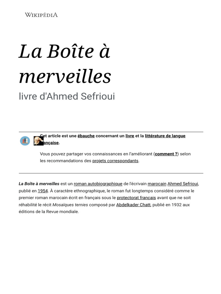 La Boîte à merveilles : roman autobiographique | PDF | Littérature en ...