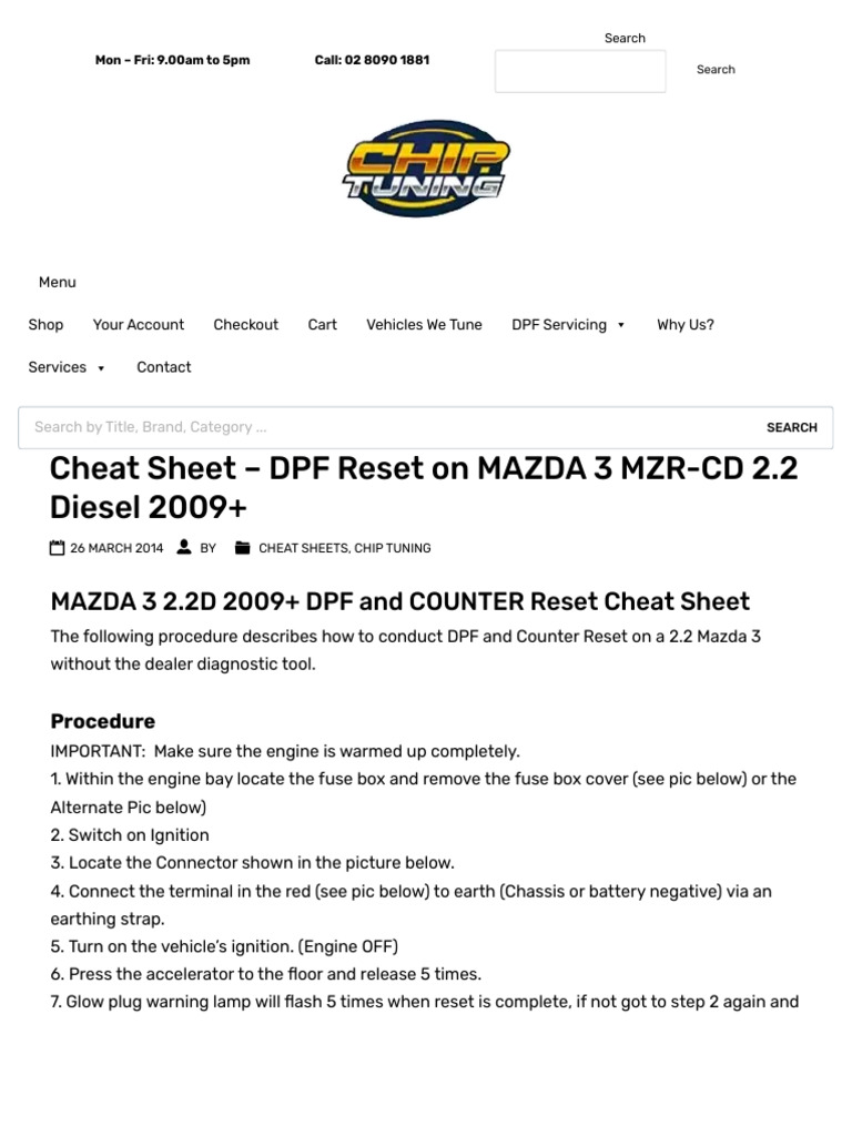 Cheat Sheet - DPF Reset On MAZDA 3 MZR-CD 2.2 Diesel 2009+ | PDF | Land Vehicles | Engines