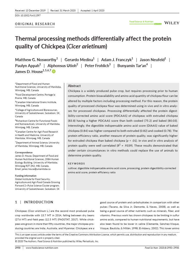 Thermal Processing Methods Differentially Affect The Protein Quality of Chickpea | PDF ...