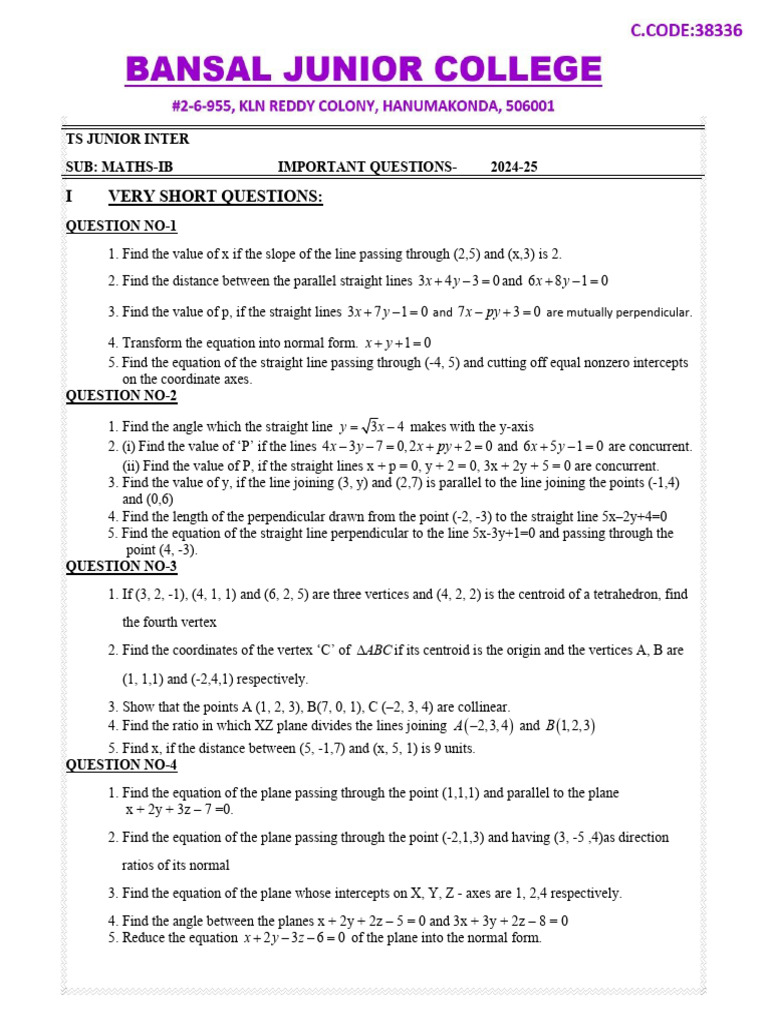 TS Imp Questions For Maths 1B | PDF | Area | Line (Geometry)