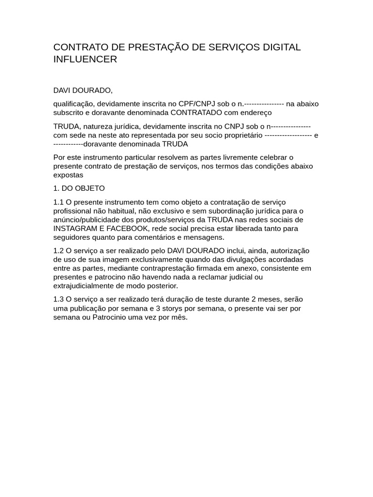 CONTRATO DE PRESTAÇÃO DE SERVIÇOS DIGITAL INFLUENCER | PDF