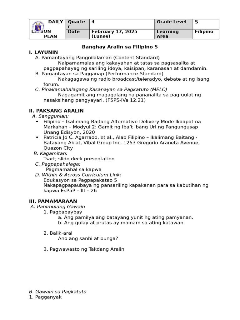DLP - Filipino 5 - Q4 - W2 | PDF