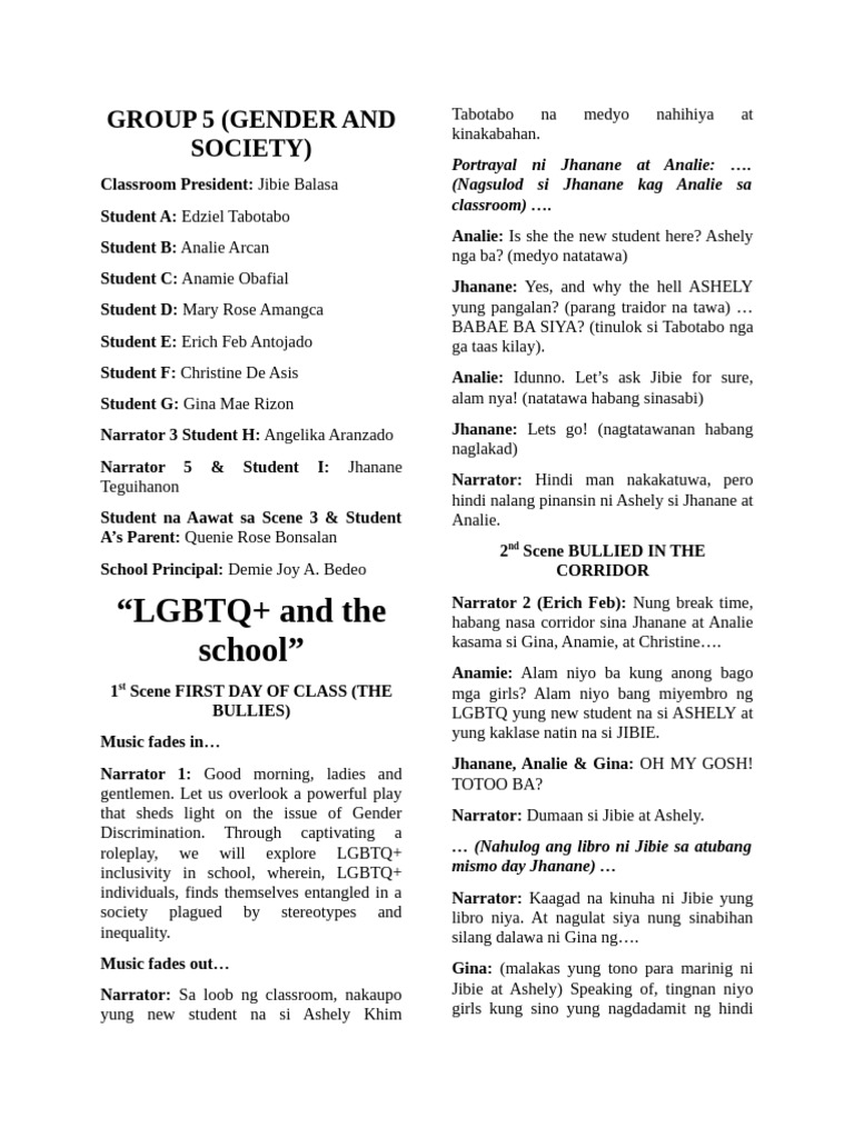 GROUP 5 (Gender and Society) Roleplay Script | PDF | Gender | Gender ...