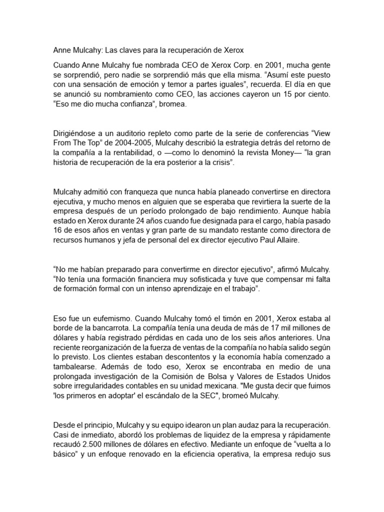 Caso Xerox AnneMulcahy | PDF | Business | Investigación y desarrollo