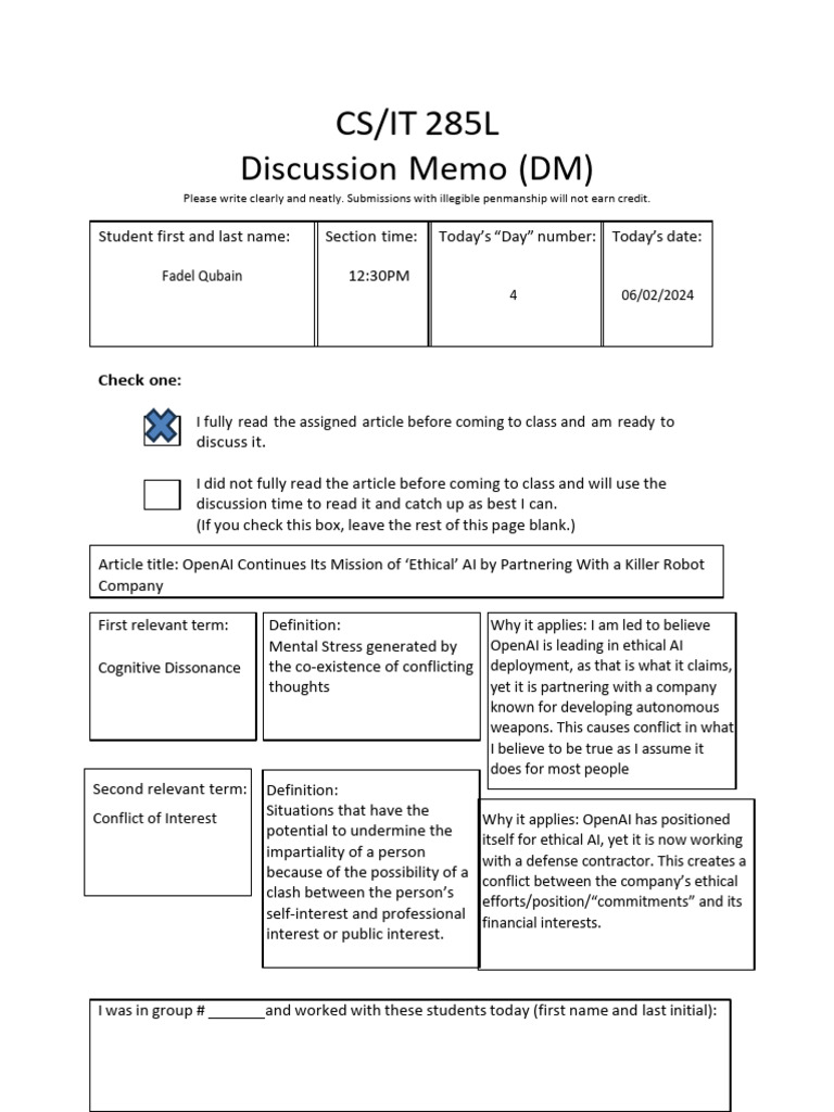 Ethics Discussion Memo 1 | PDF | Cognitive Science | Cognition