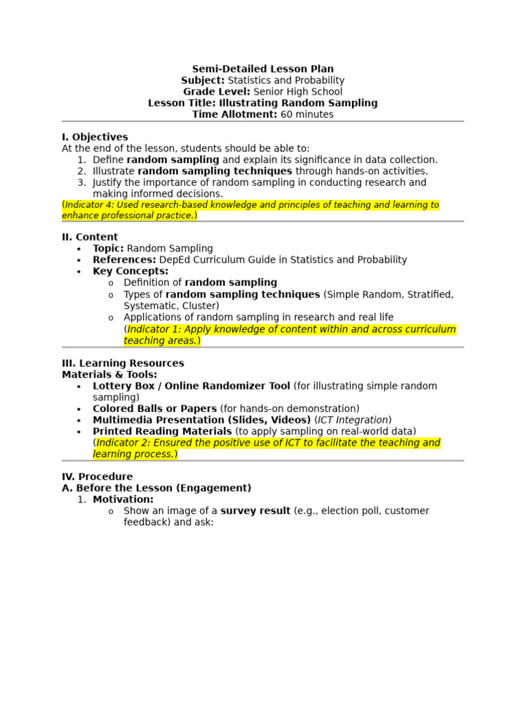 Sample Lesson Plan Sample Lang | PDF | Sampling (Statistics) | Learning