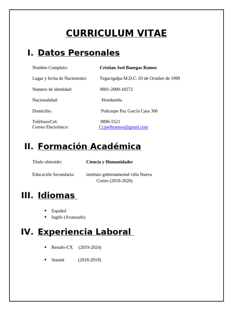 CURRICULUM VITAE Cristian Joel Banegas Ramos 1.0 | PDF
