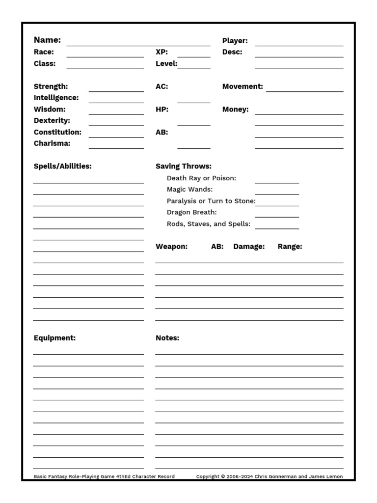 Basic Fantasy Character Sheet r3 | PDF
