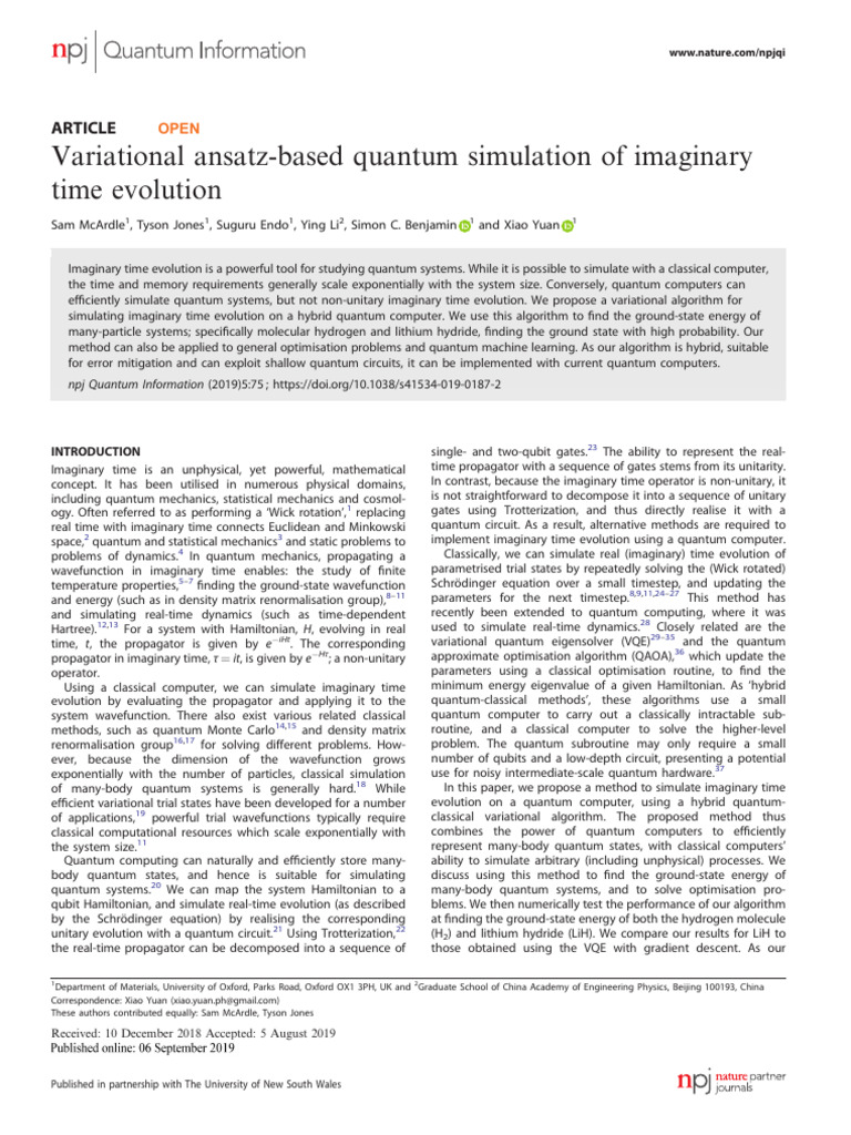 Quantum Simulation Variational Ansatz | PDF | Hamiltonian (Quantum Mechanics) | Wave Function