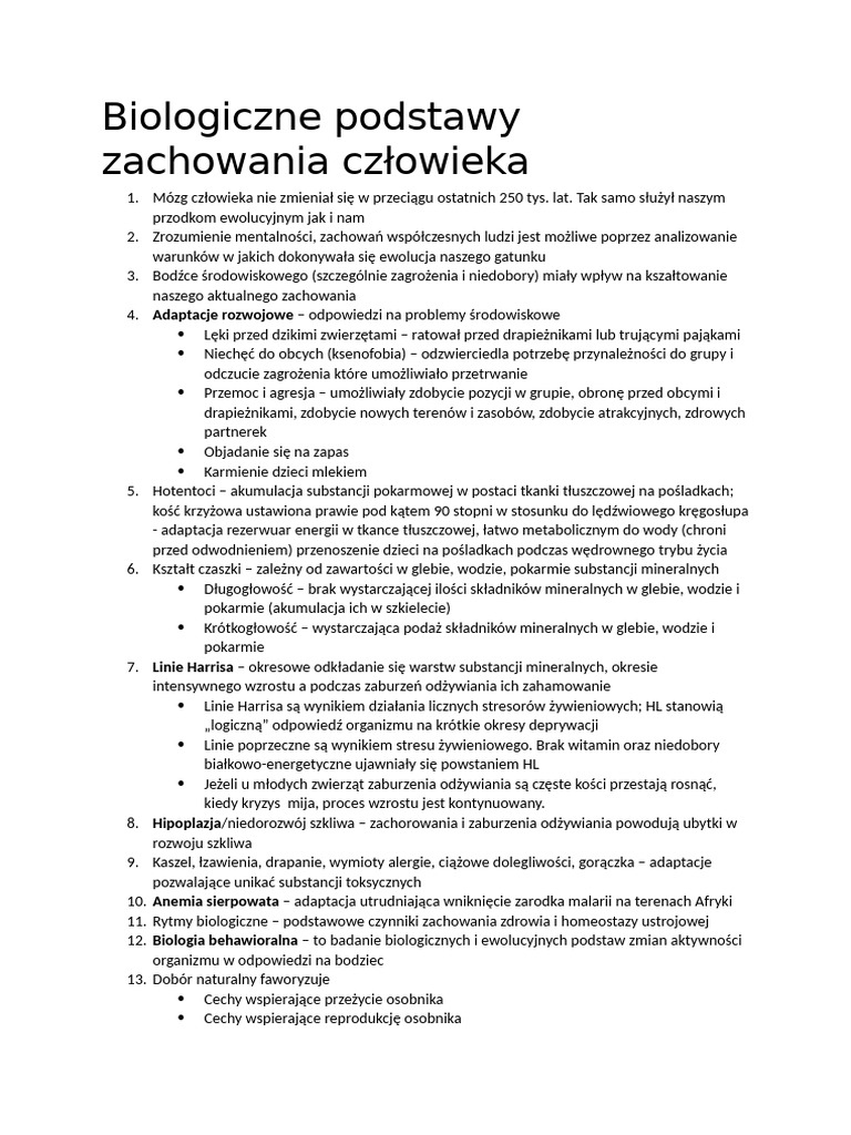 Biologiczne Podstawy Zachowania Człowieka - Egzamin | PDF