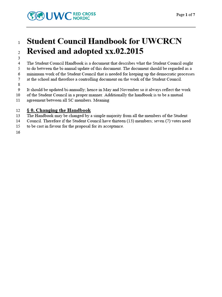 UWCRCN Student Council Handbook | PDF | Government