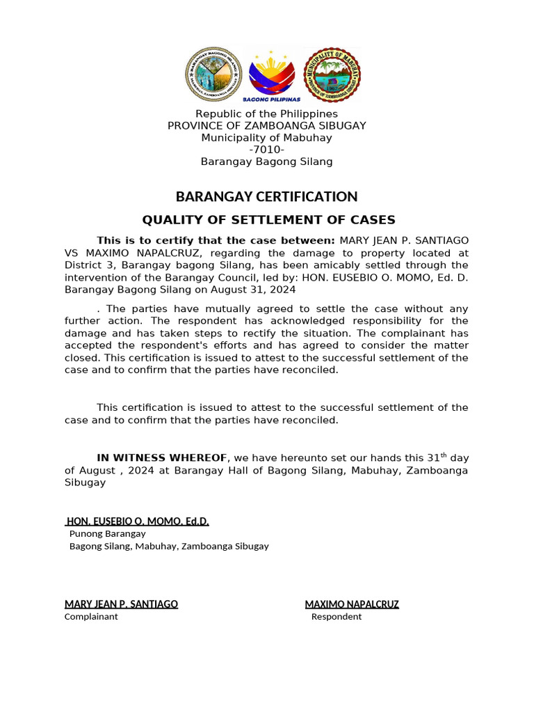 Barangay Certification of Case Settlement | PDF