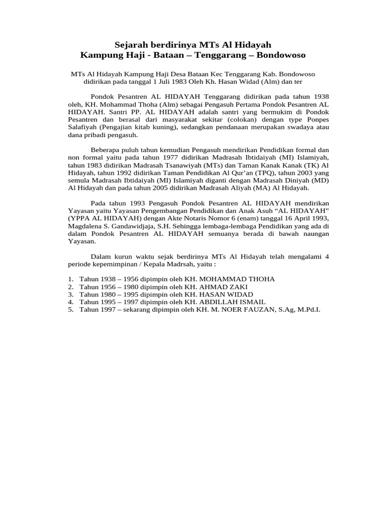 Sejarah Berdirinya MTs | PDF