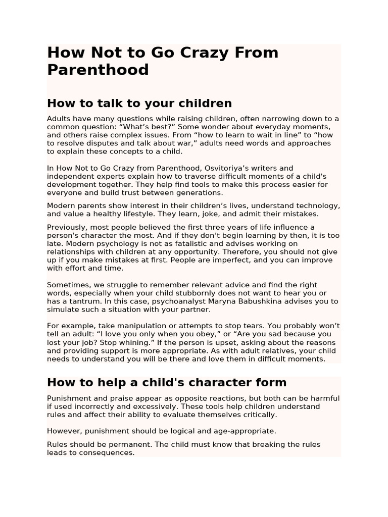 How Not To Go Crazy From Parenthood | PDF | Parenting | Self Esteem