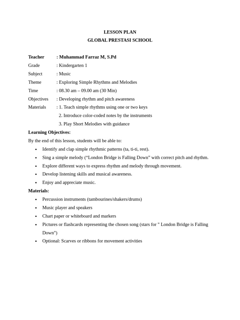 Kindergarten Music Lesson Plan: Rhythms | PDF | Rhythm | Lesson Plan