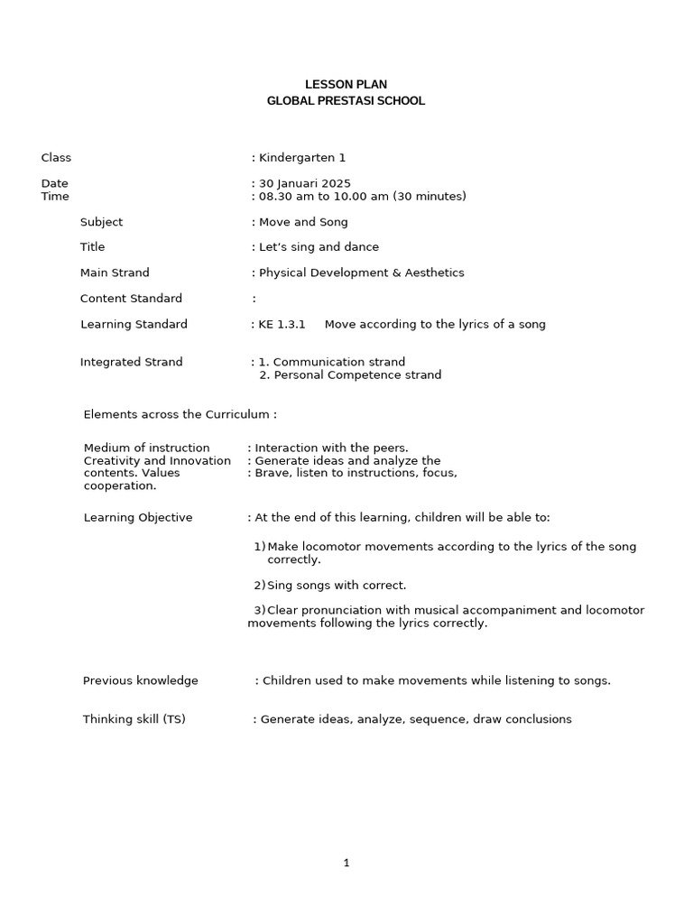 Lesson Plan Tadika Musical | PDF | Learning | Cognition