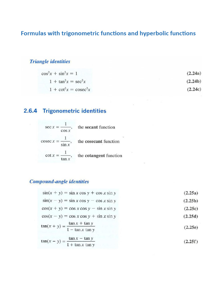 Formulas With Trigonometric Functions and Hyperbolic Functions | PDF