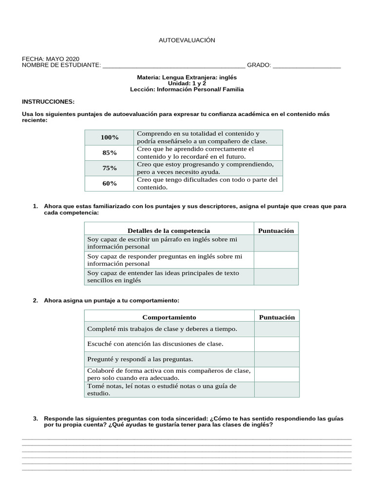 Autoevaluación de Inglés: Confianza y Progreso | PDF