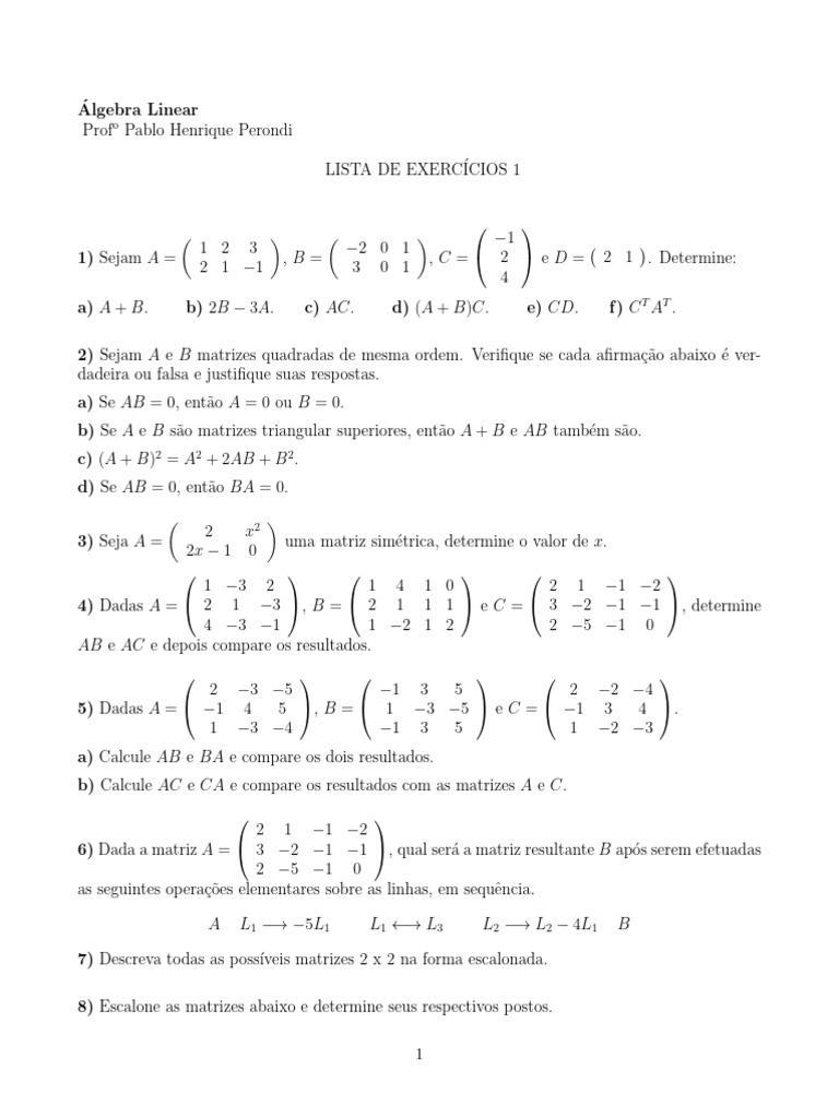 Exercícios de Álgebra Linear | PDF | Matriz (Matemática) | Álgebra