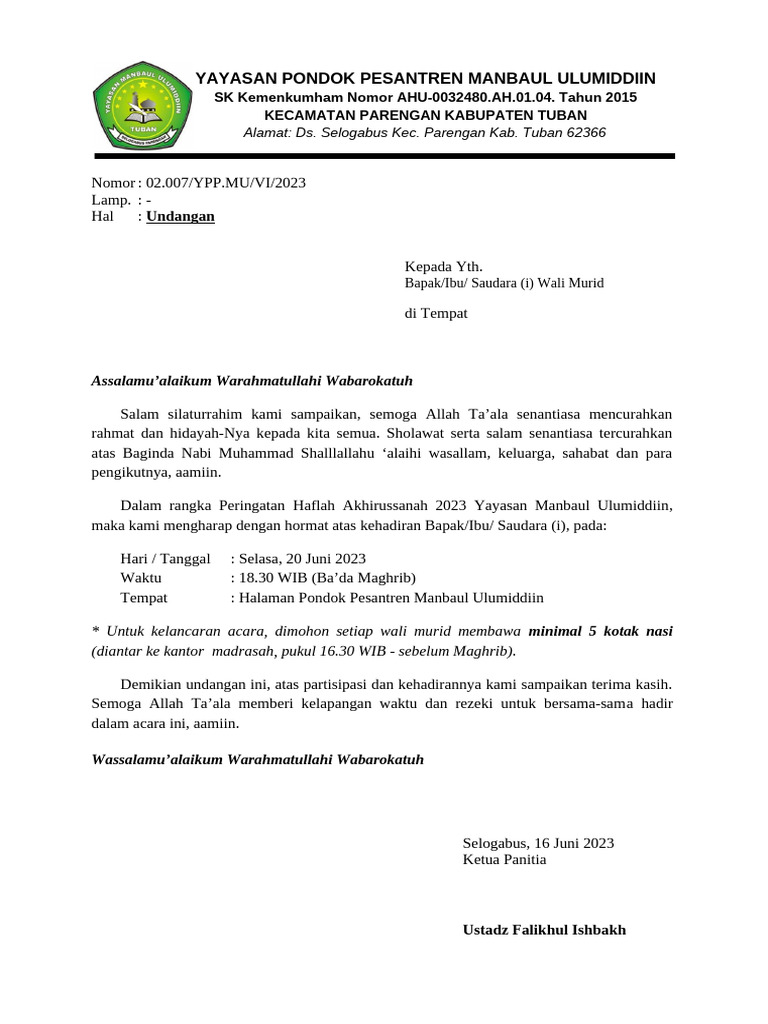 Undangan Haflah Akhirussanah 2023 | PDF