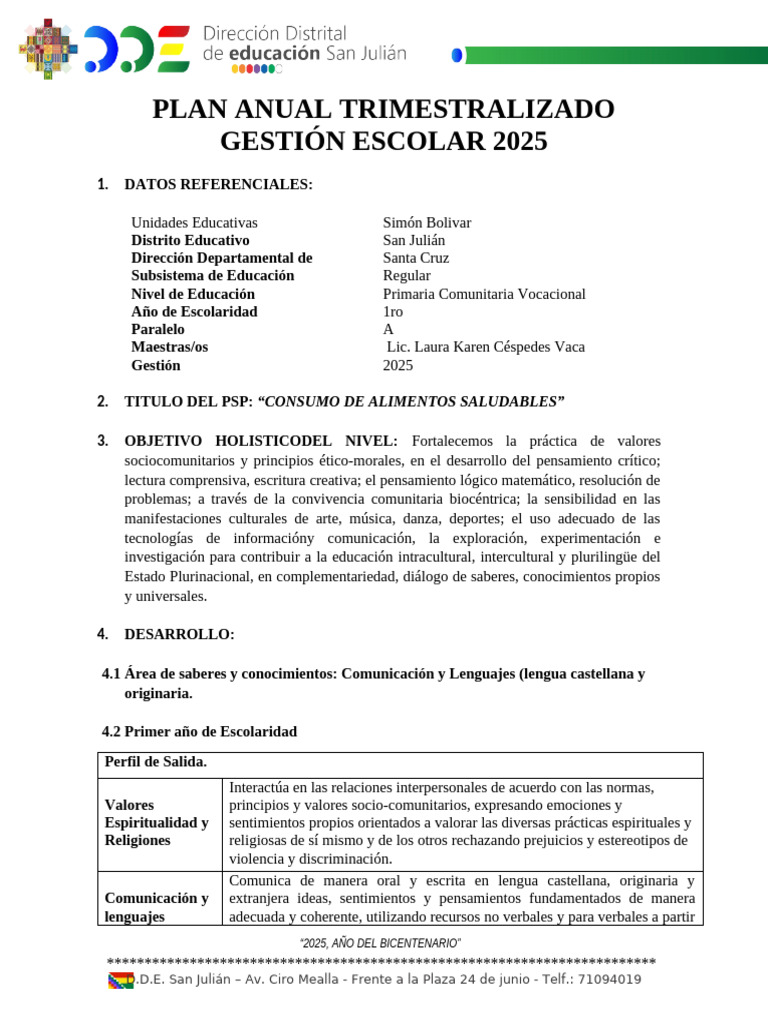 Pat 1ro de Primaria Gestión 2025 | PDF | Creatividad | Pensamiento