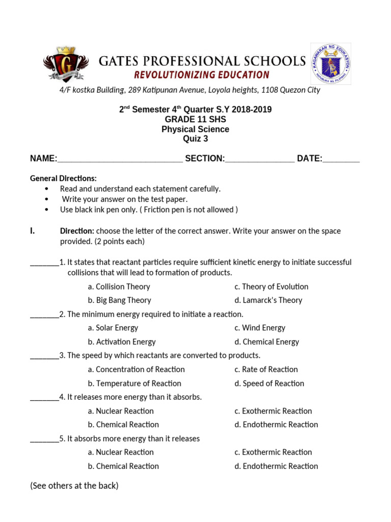 2nds 4thq Quiz3 Physical Science | PDF | Chemical Reactions | Reaction Rate
