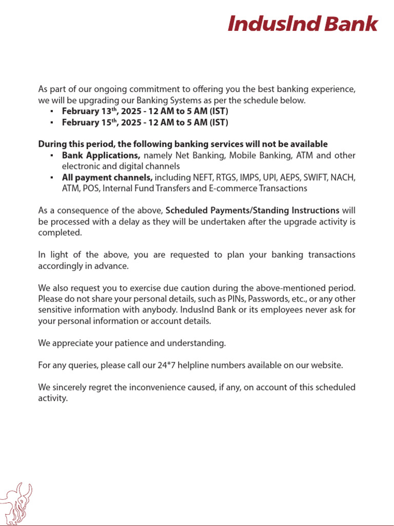 IndusInd Bank System Upgrade Notice | PDF