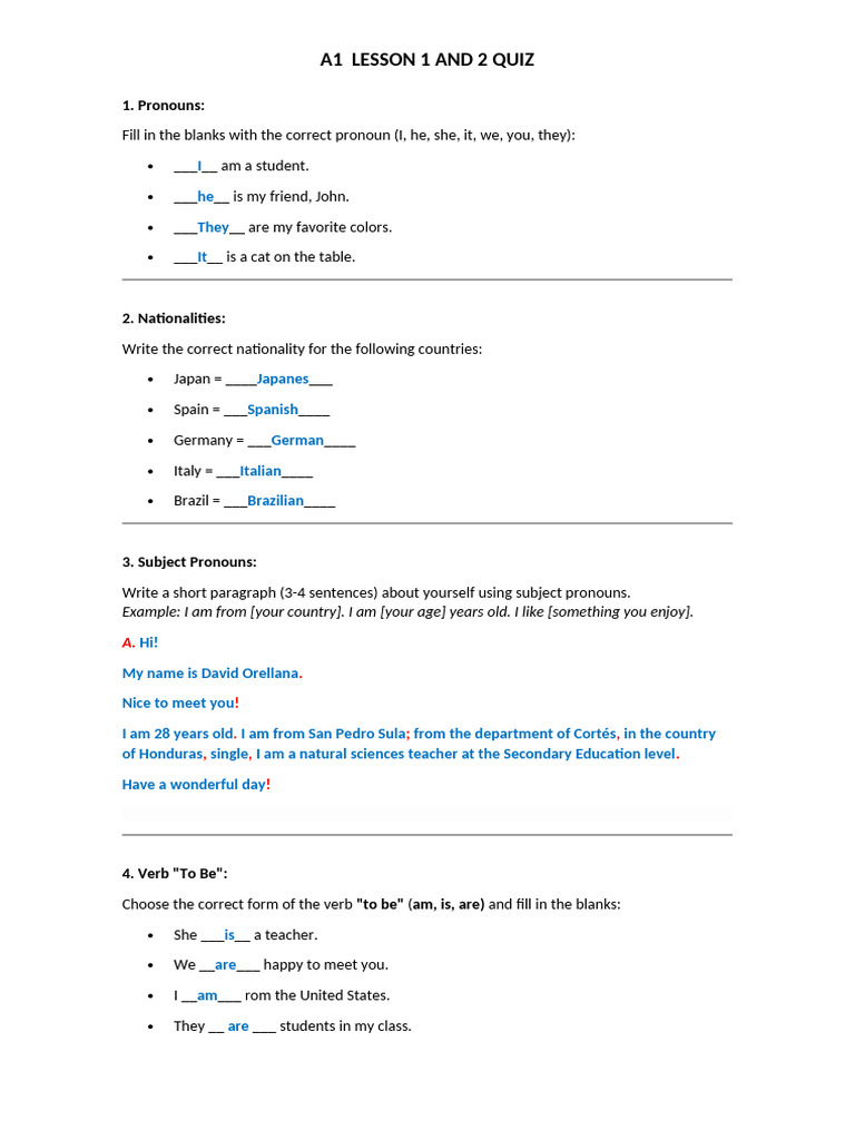 A1 Quiz Lesson 1 and 2 | PDF | Grammatical Number | Morphology