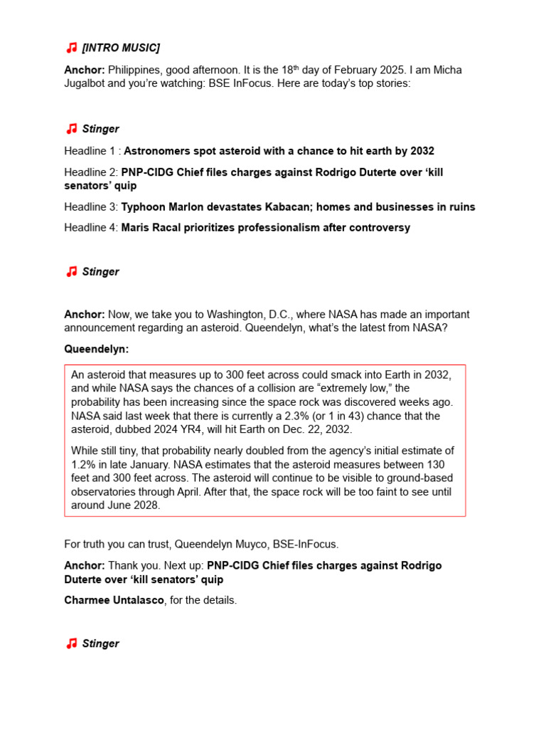 Super Final TV Broad Script | PDF | Rodrigo Duterte | Asteroid