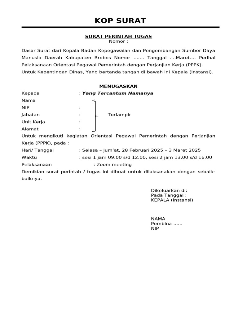 Surat Perintah Tugas Orientasi PPPK | PDF