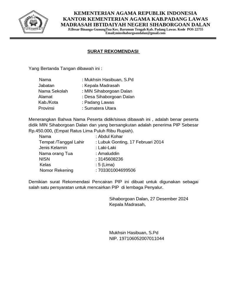 Surat Rekomendasi Pip | PDF