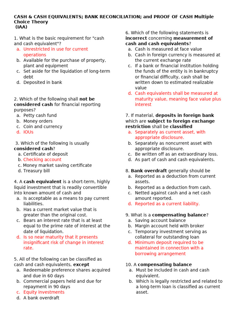 Cash 0 Cash Equivalents J Bank Recon 0 Proof of Cash Theory | PDF ...