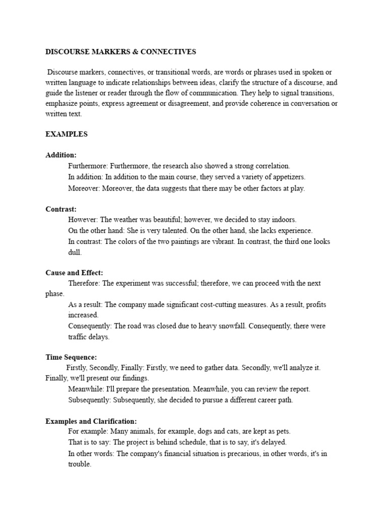 Discourse Markers and Connectives Guide | PDF | Human Communication ...