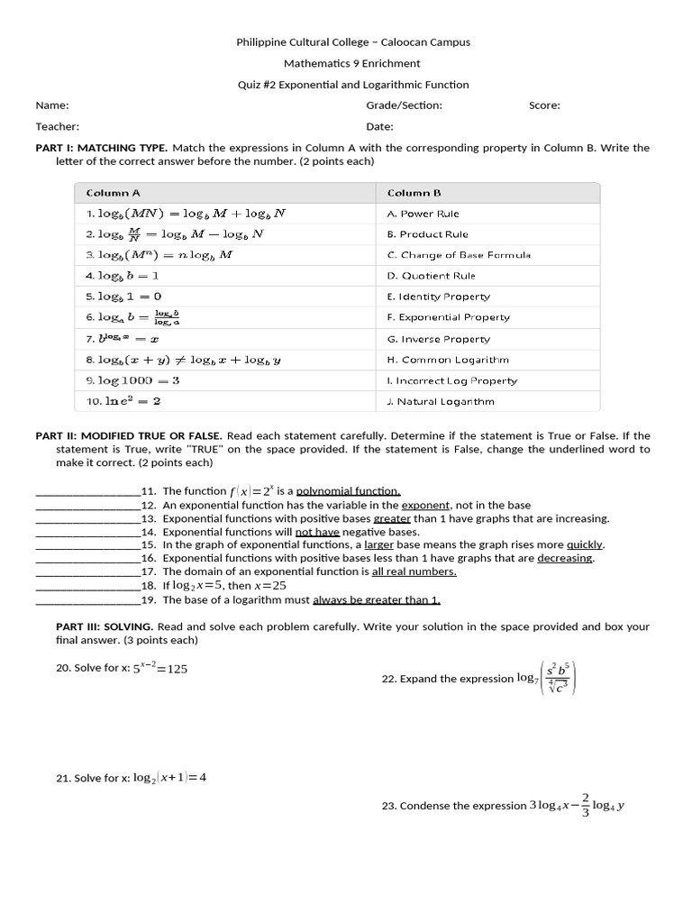 Exponential and Logarithmic Function Quiz | PDF | Function (Mathematics ...