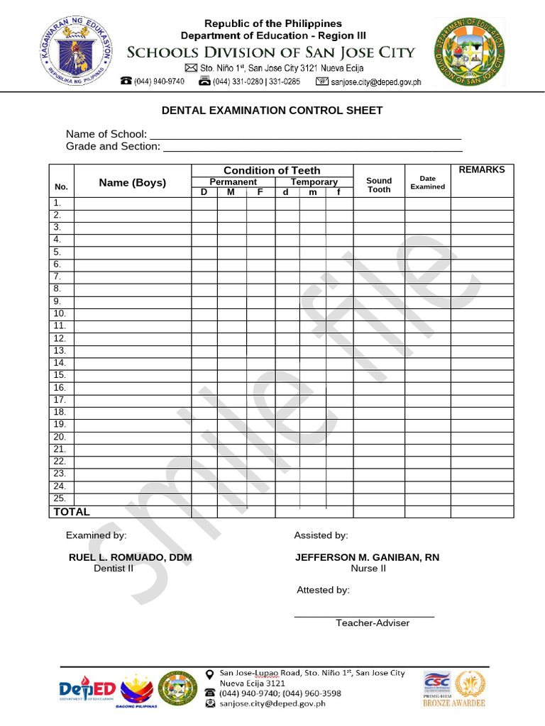 Dental Exam Control SheetReal Revision02real | PDF