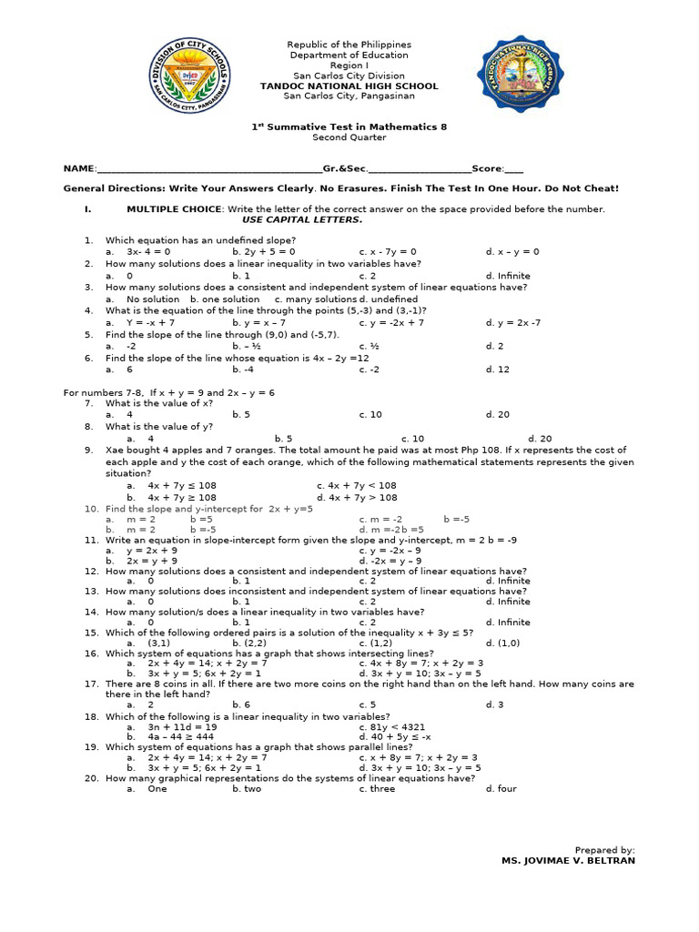 SUMMATIVE TEST IN MATH 8 1st QUARTER | PDF | Mathematical Analysis ...