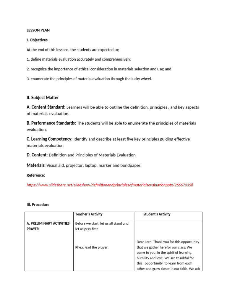 LESSON PLAN (Final2) - WPS Office | PDF | Learning | Evaluation