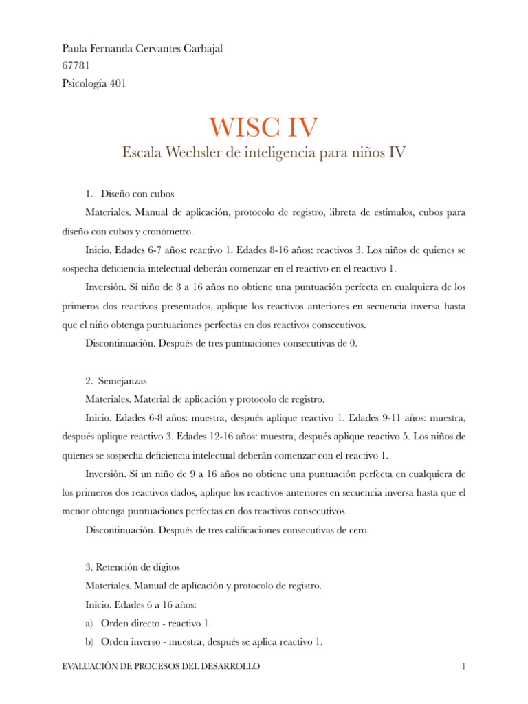 WISC IV Resumen | PDF | Cognición | Inteligencia