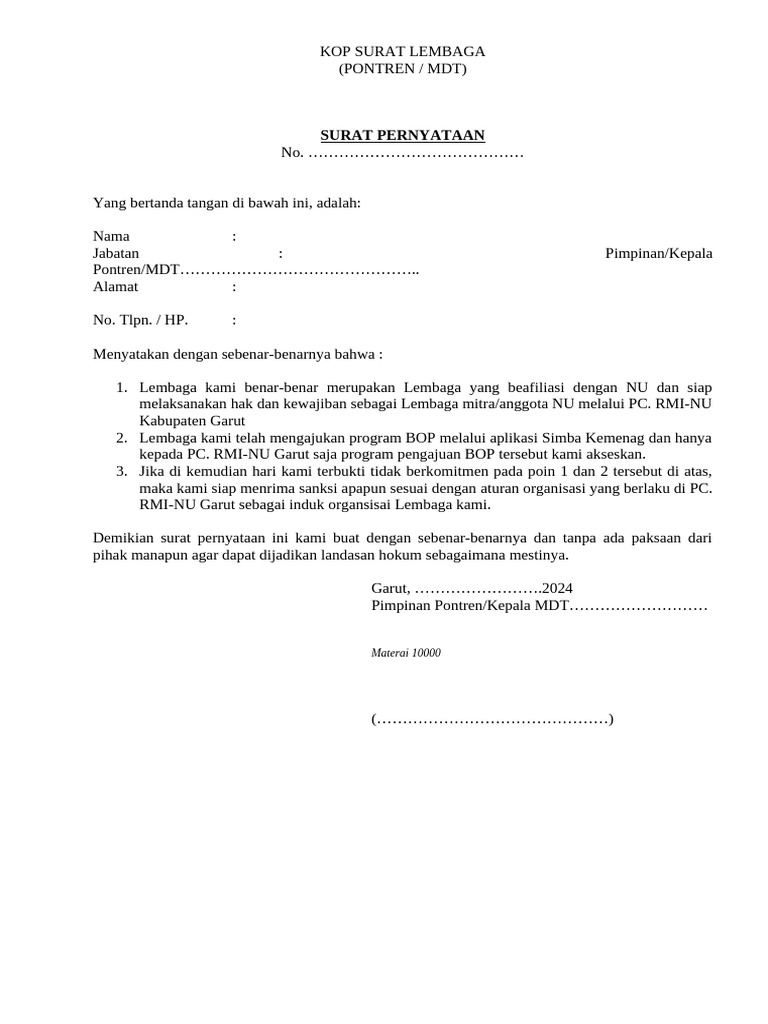 Surat Pernyataan BOP Pontren Dan MDT | PDF