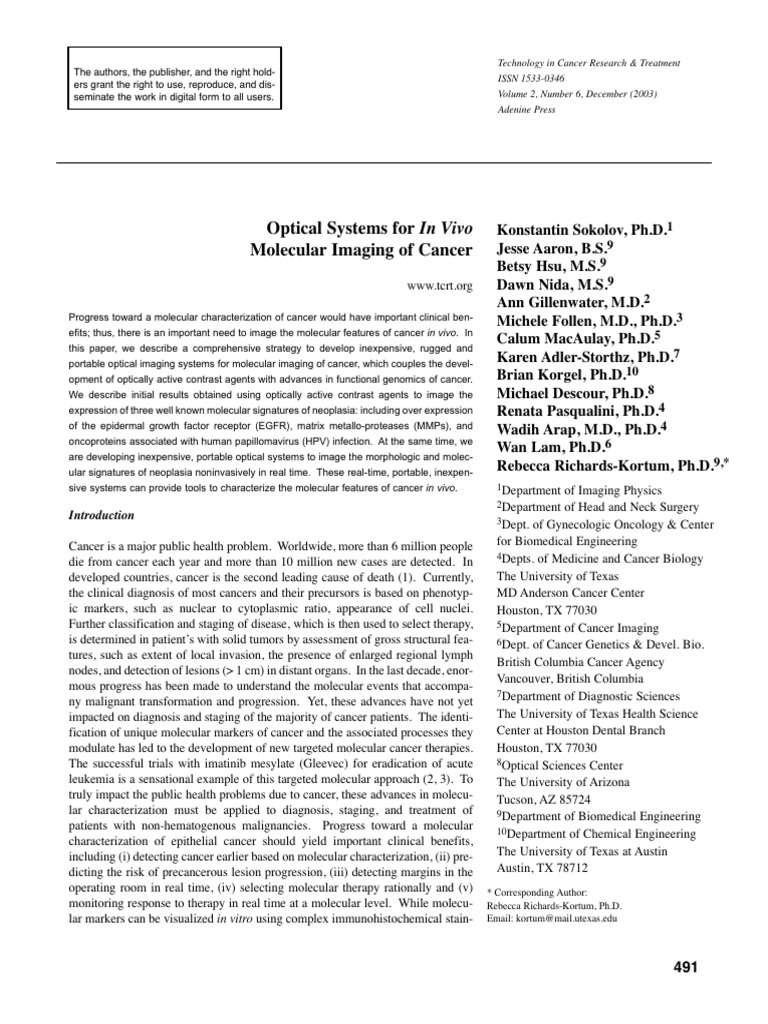 In Vivo Optical Imaging for Cancer Research | PDF | Confocal Microscopy ...
