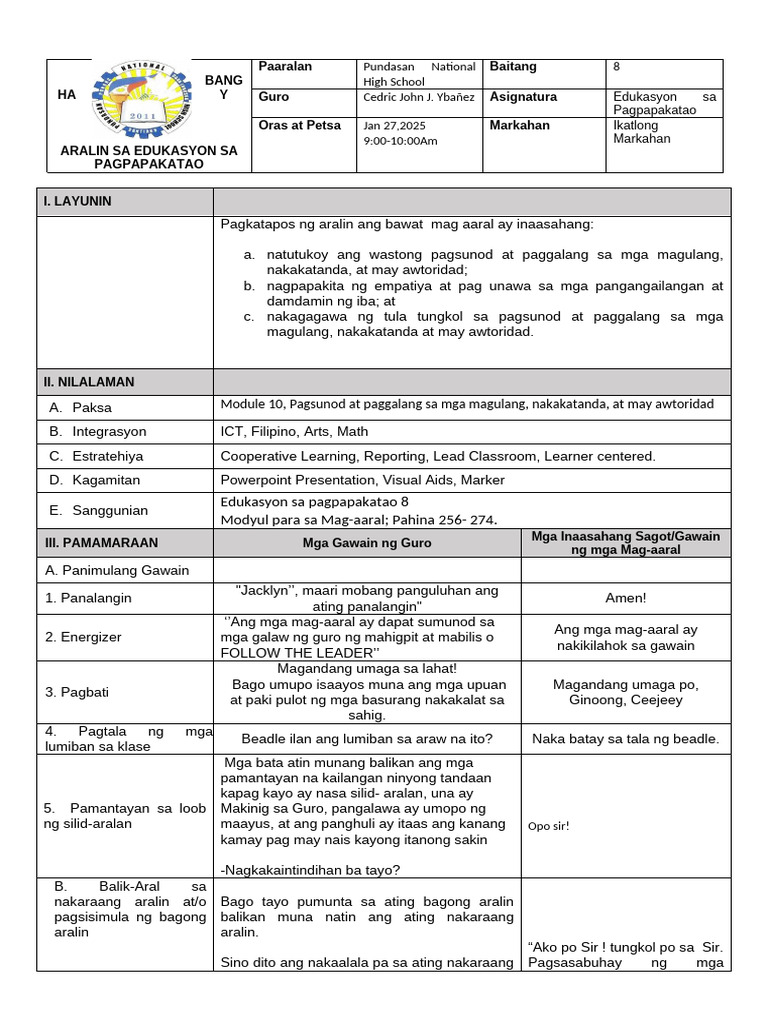 3rd Lesson Plan Ceejeey | PDF